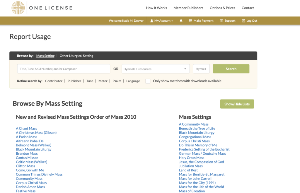 Reporting Liturgical Settings – ONE LICENSE | Inspiring congregational song